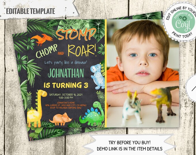Dinosaur Birthday Boy Invitation With Photo Editable Birthday - Etsy
