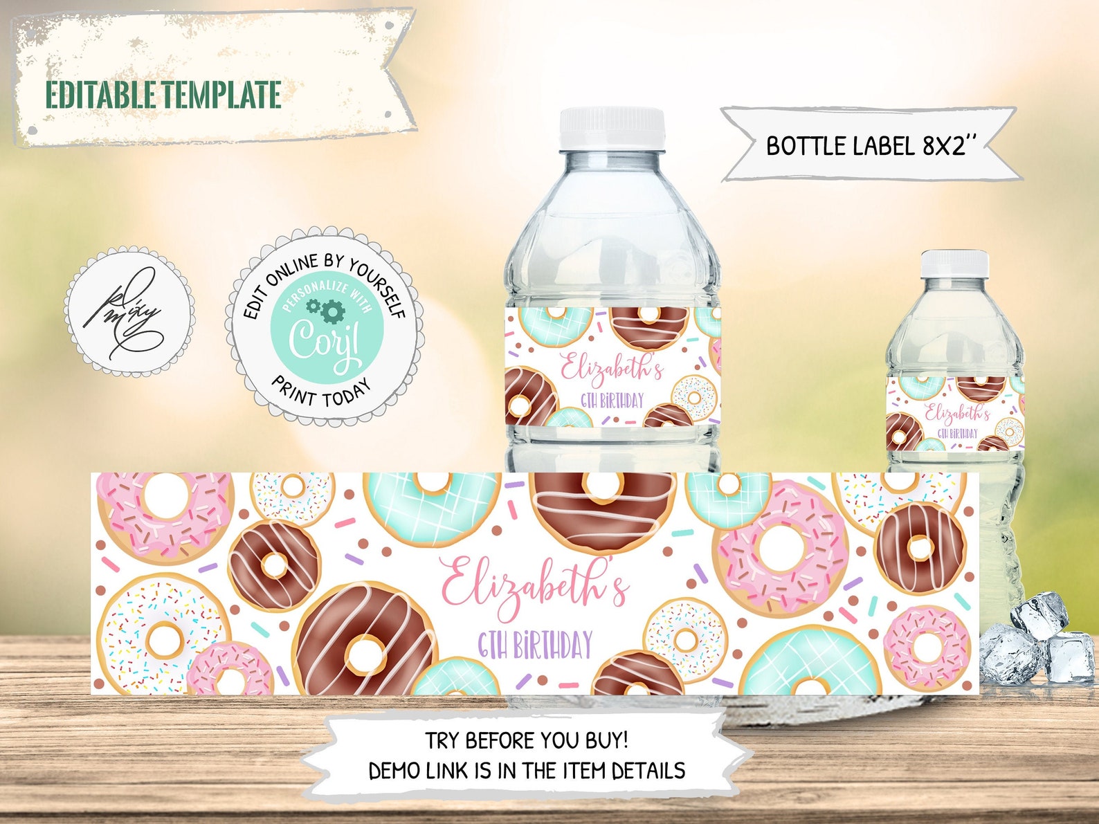 Donut Water Bottle Label Editable Template, Donut Birthday Table ...