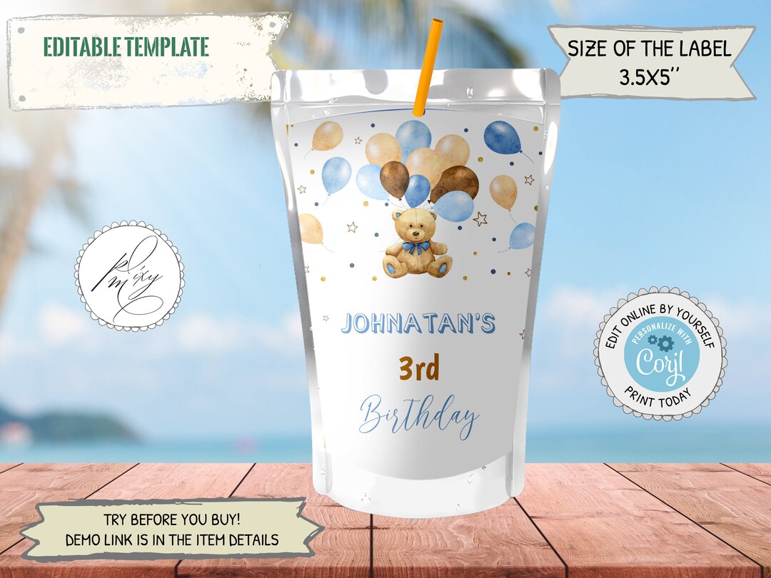 Editable Teddy Bear Juice Box Labels , Teddy Bear With Balloons Juice ...