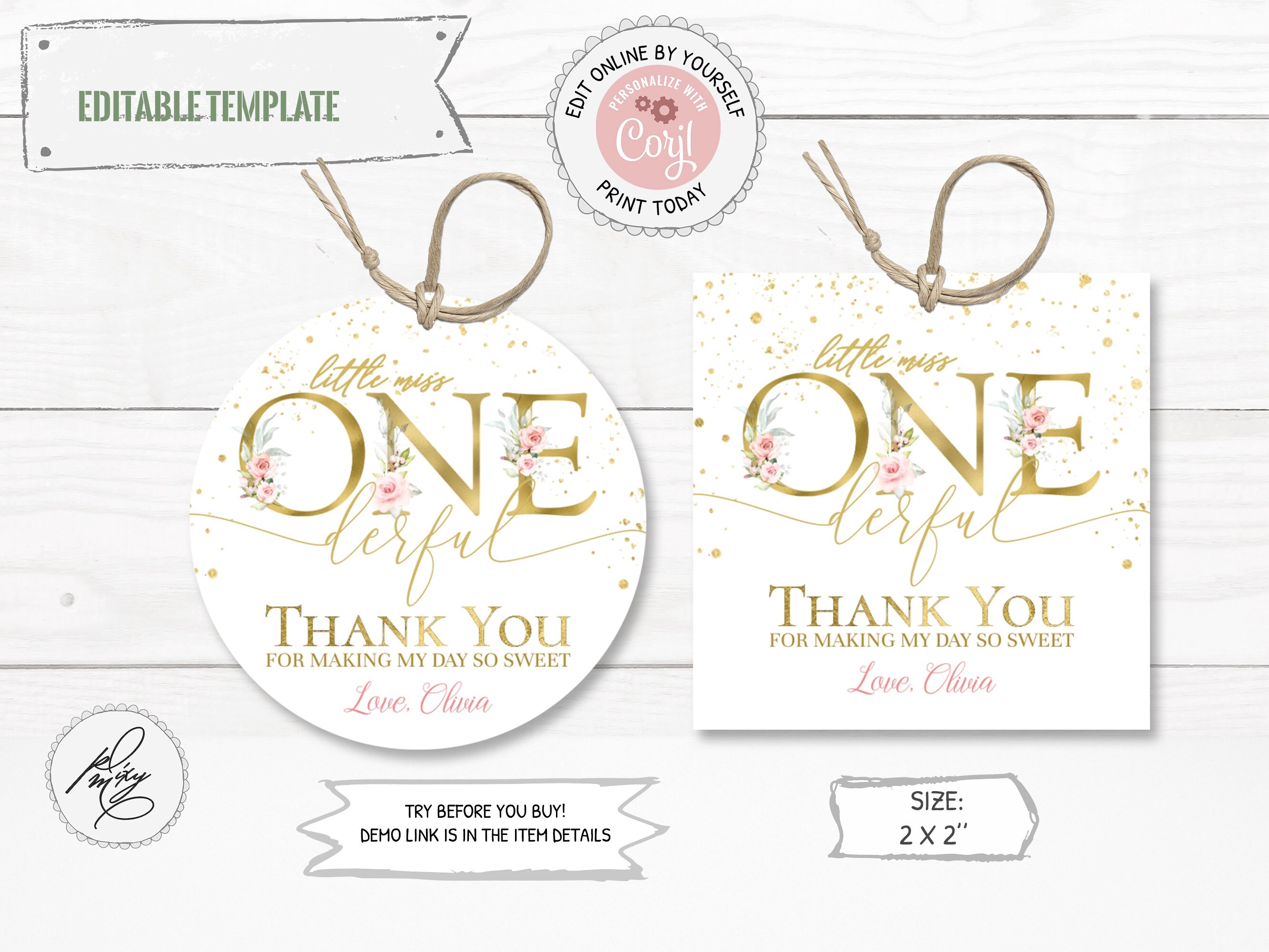 Editable Little Miss Onederful Favor Tag Blush Pink & Gold - Etsy