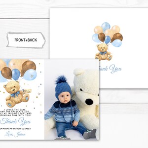 Editable Blue Teddy Bear Photo Thank You Card, Blue Teddy Bear Balloons ...