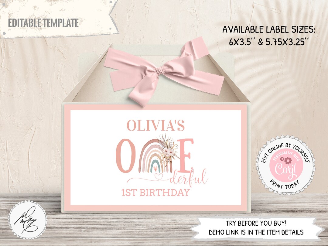 Editable Boho Rainbow Gable Box Label, Printable Pink Boho Treat Box ...