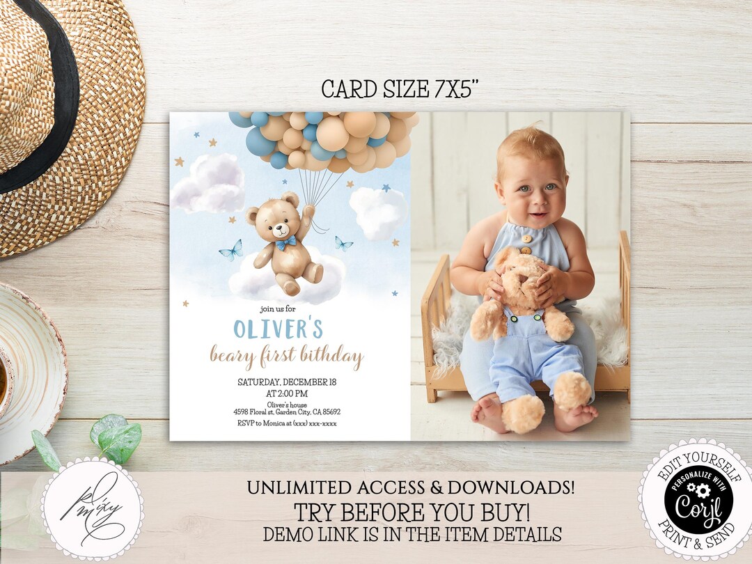 Editable Blue Brown Bear Birthday Boy Photo Invitation, Bear & Balloons ...