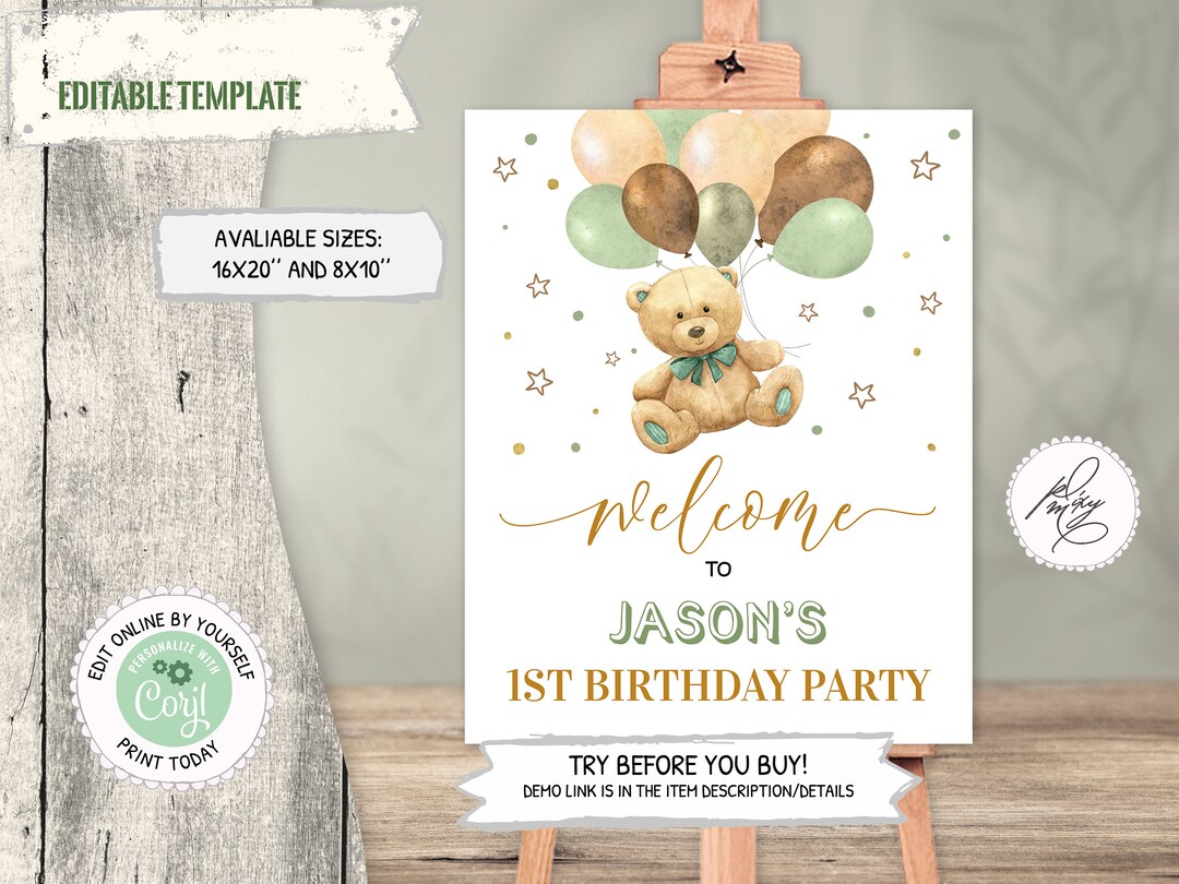 Editable Teddy Bear Welcome Sign, Printable Birthday Party Decoration ...