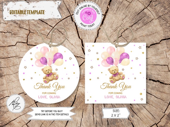 Teddy Bear Favor Tag Editable Teddy Bear & Balloons Birthday | Etsy