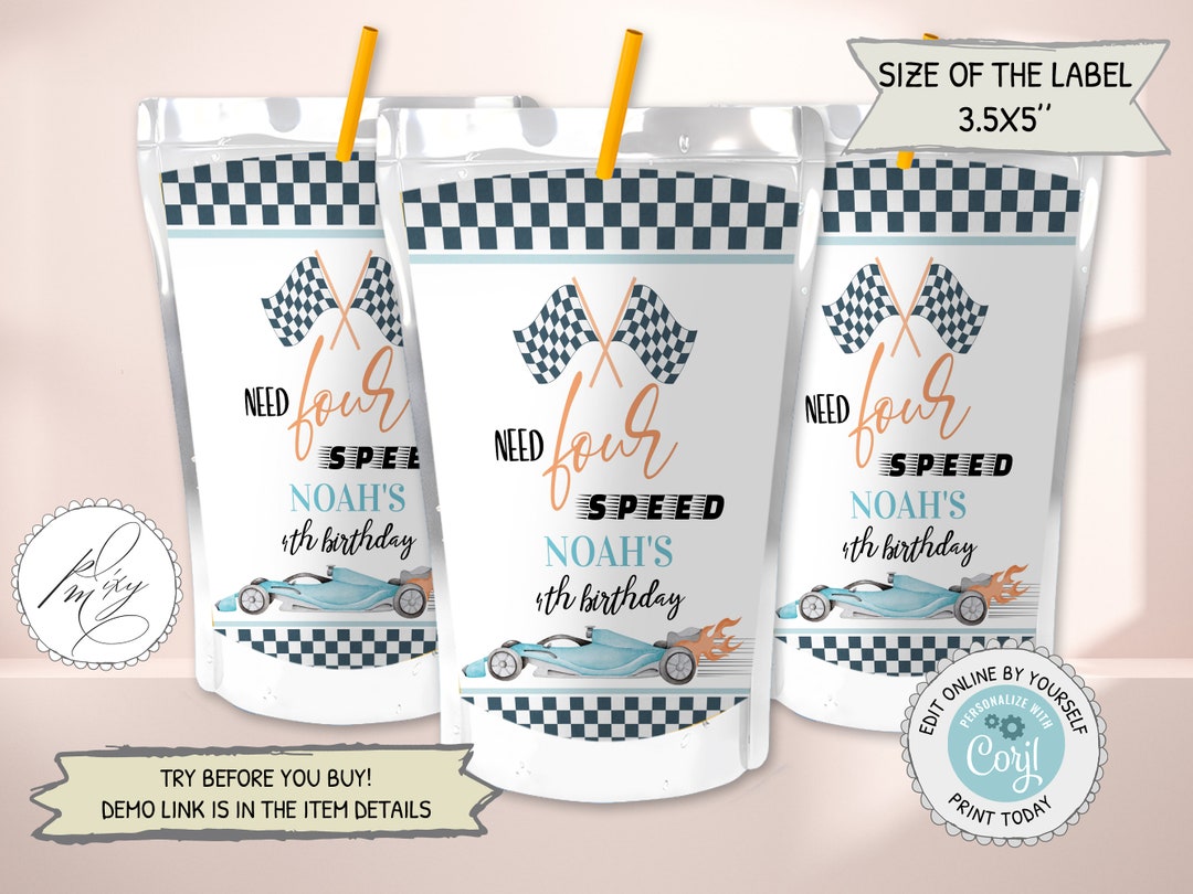 Editable Blue Race Car Juice Box Labels , Blue Car Racing 4th Birthday ...