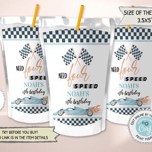Editable Blue Race Car Juice Box Labels , Blue Car Racing 4th Birthday ...