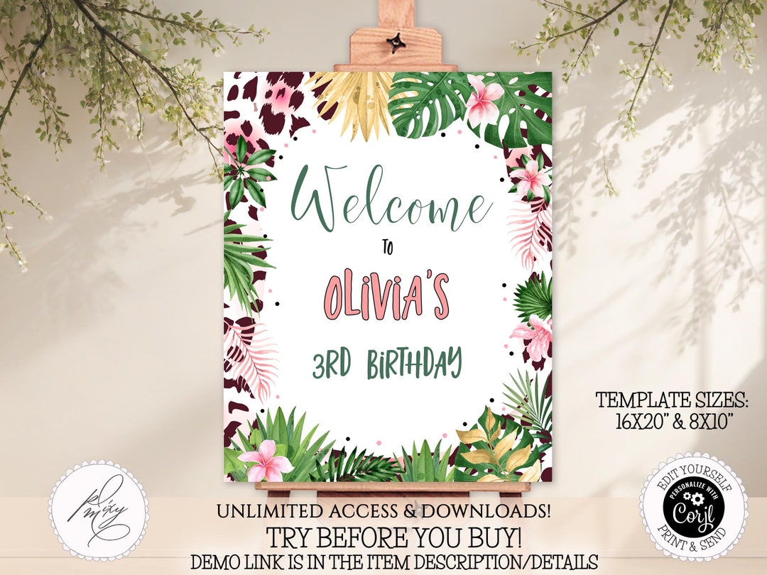 Editable Pink Leopard Print Birthday Girl Welcome Sign, Safari Welcome ...