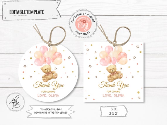 Teddy Bear Favor Tag Editable Pink Peach Teddy Bear & | Etsy
