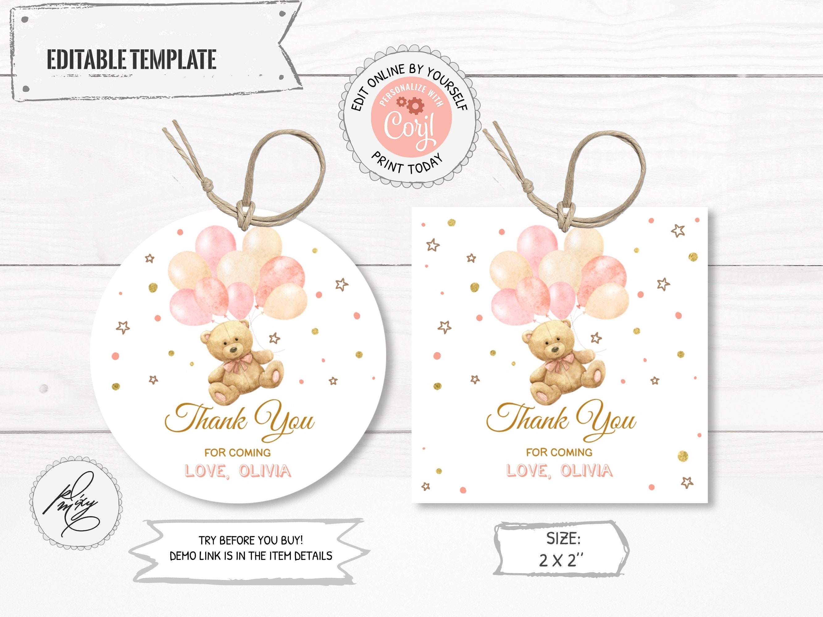 Teddy Bear Favor Tag Editable Pink Peach Teddy Bear & - Etsy