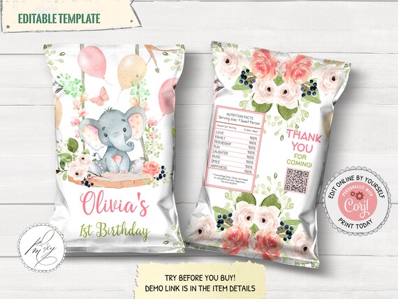 Cute Elephant Girl Chip Bag Elephant Snacks Treat Bag Wild - Etsy