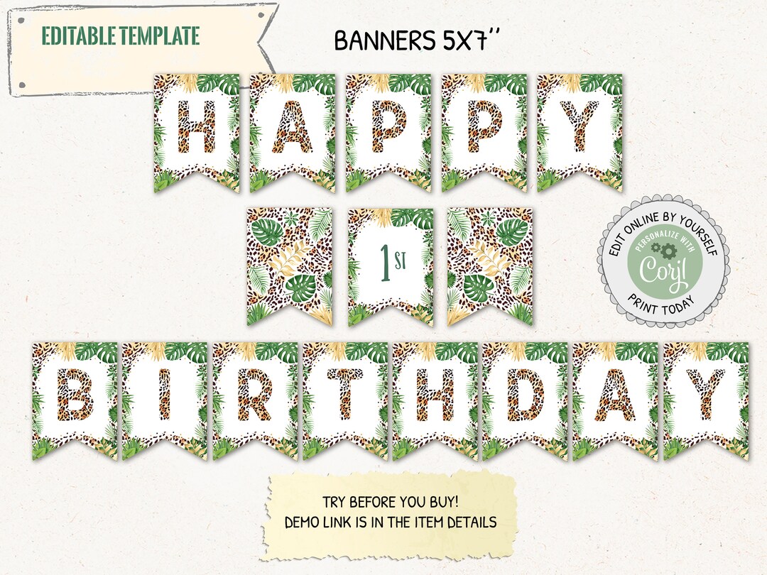 Leopard Print Happy Birthday Banner, Editable Safari Birthday Party ...