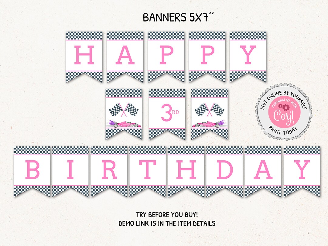 Editable Pink Race Car Happy Birthday Banner, Pink Racing Car Birthday ...