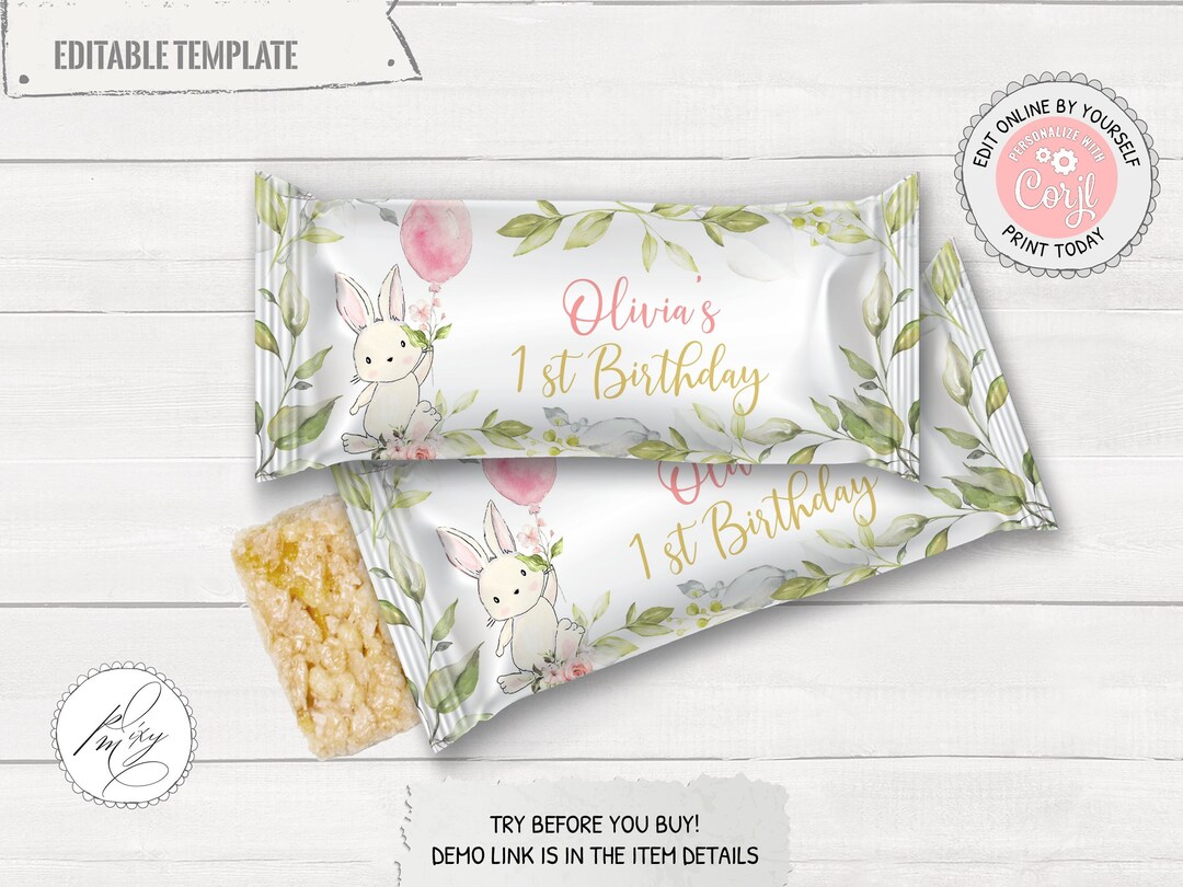 Editable Boho Floral Bunny With Pink Balloon Rice Krispies Treat ...