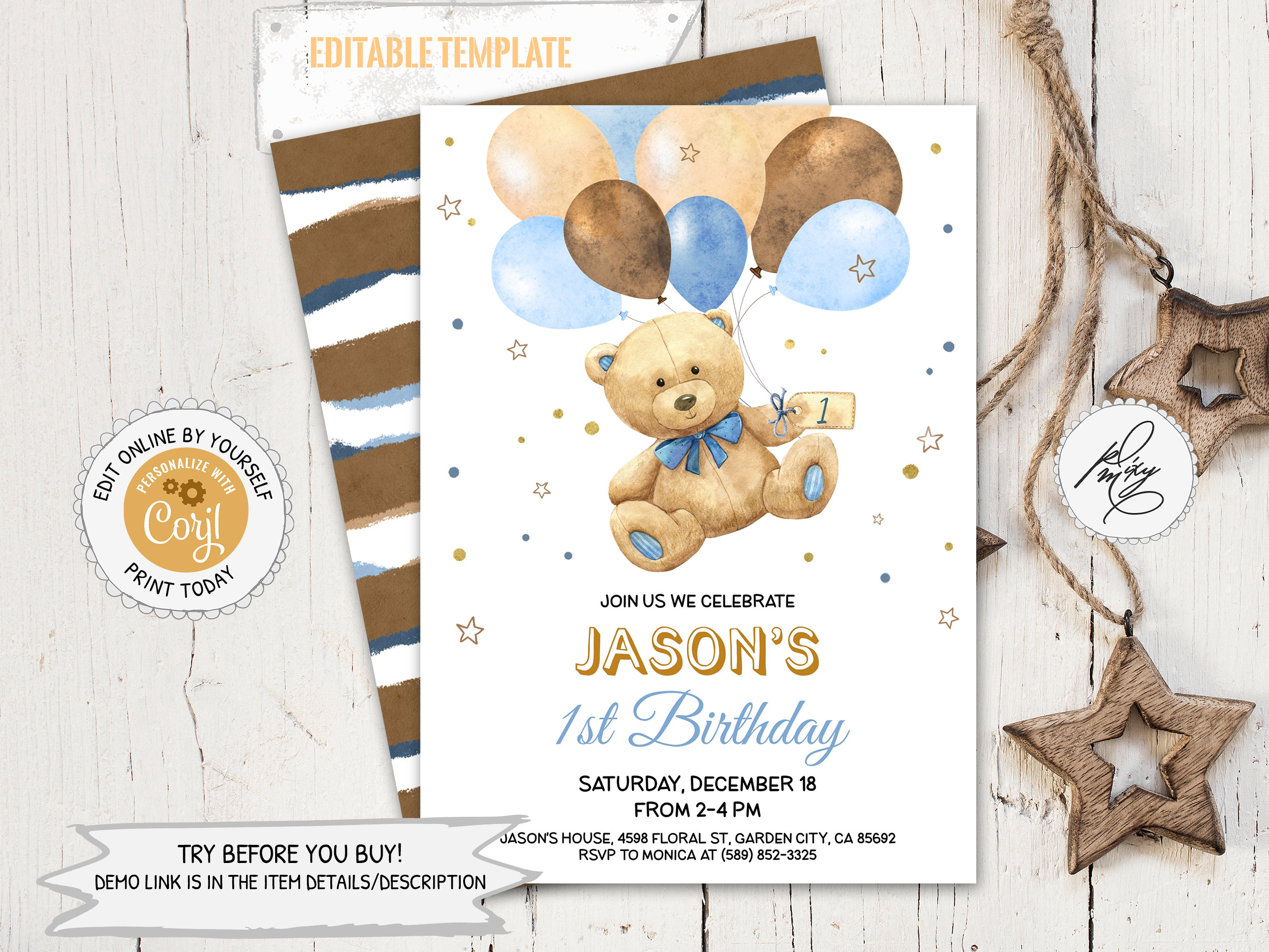 Teddy Bear Birthday Invitation Boy Editable Teddy Bear & - Etsy