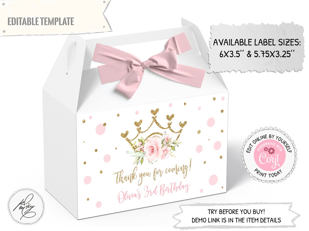 Editable Princess Gable Box Label, Pink Crown Princess Gift Box Label ...