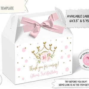 Editable Princess Gable Box Label, Pink Crown Princess Gift Box Label ...