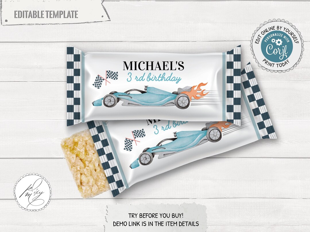 Editable Blue Race Car Rice Krispies Treat Wrapper, Blue Sports Car ...