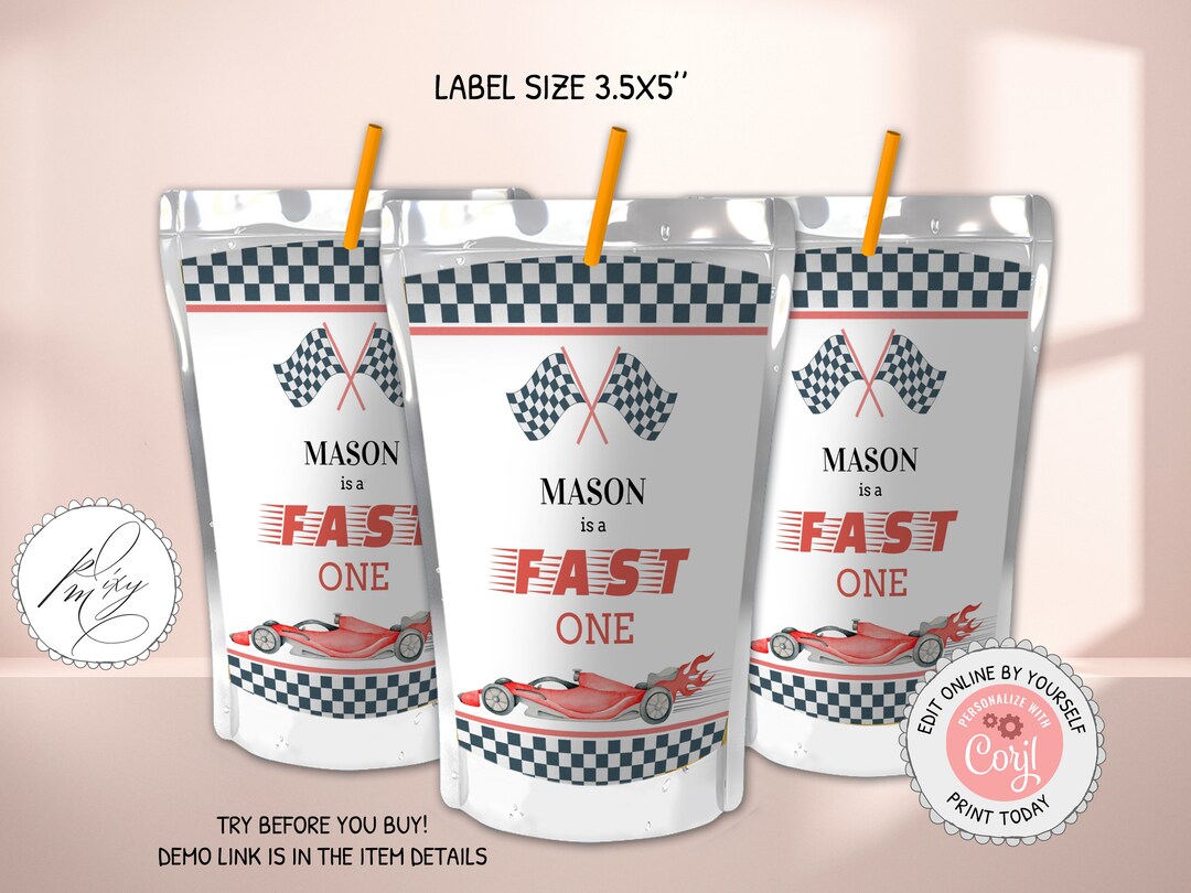 Editable Red Race Car Juice Box Labels , Red Car Racing 1st Birthday ...