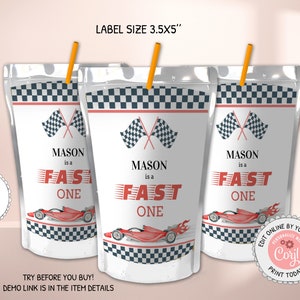 Editable Red Race Car Juice Box Labels , Red Car Racing 1st Birthday ...