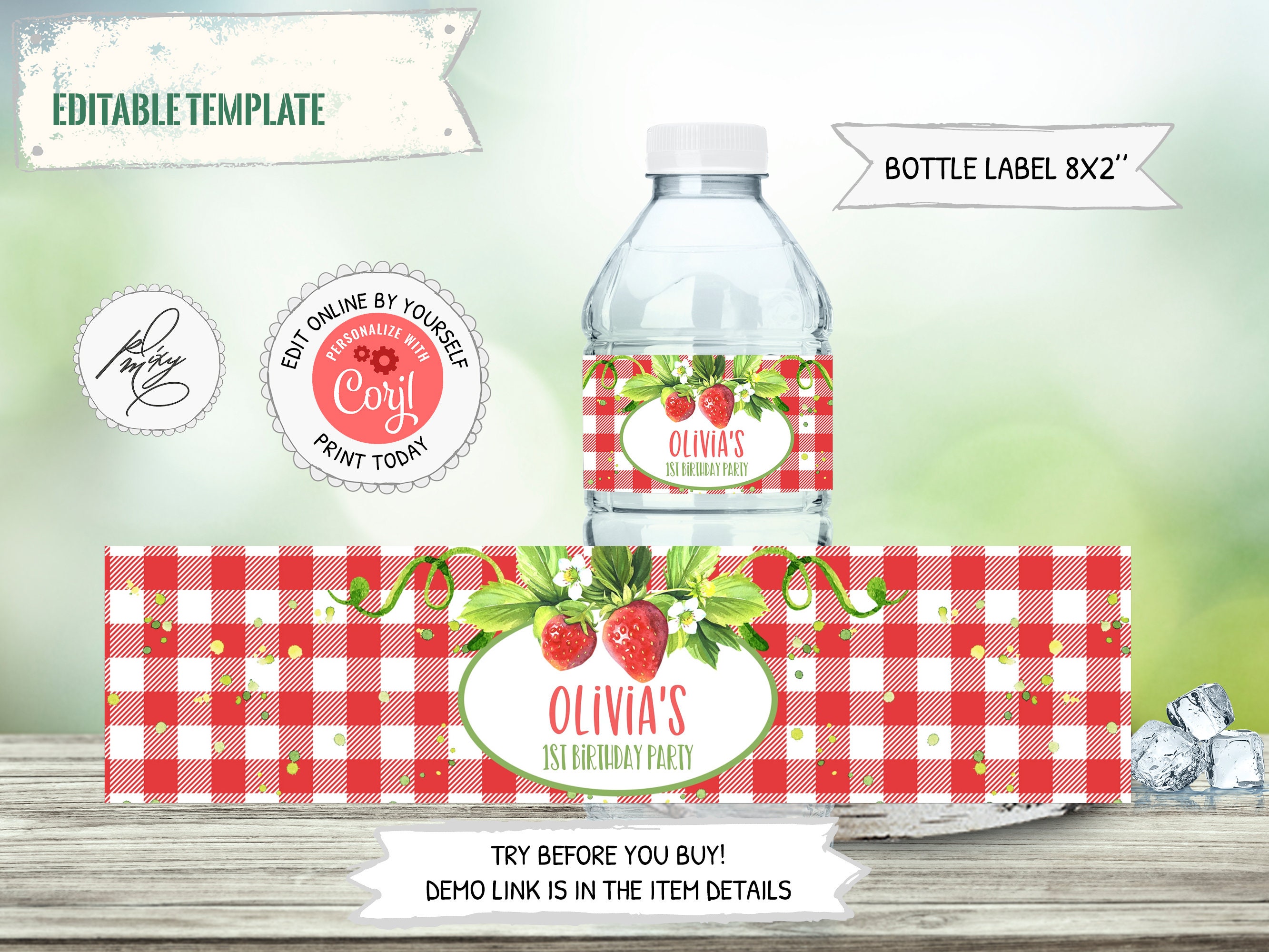 Strawberry Water Bottle Label Editable Template Strawberry | Etsy
