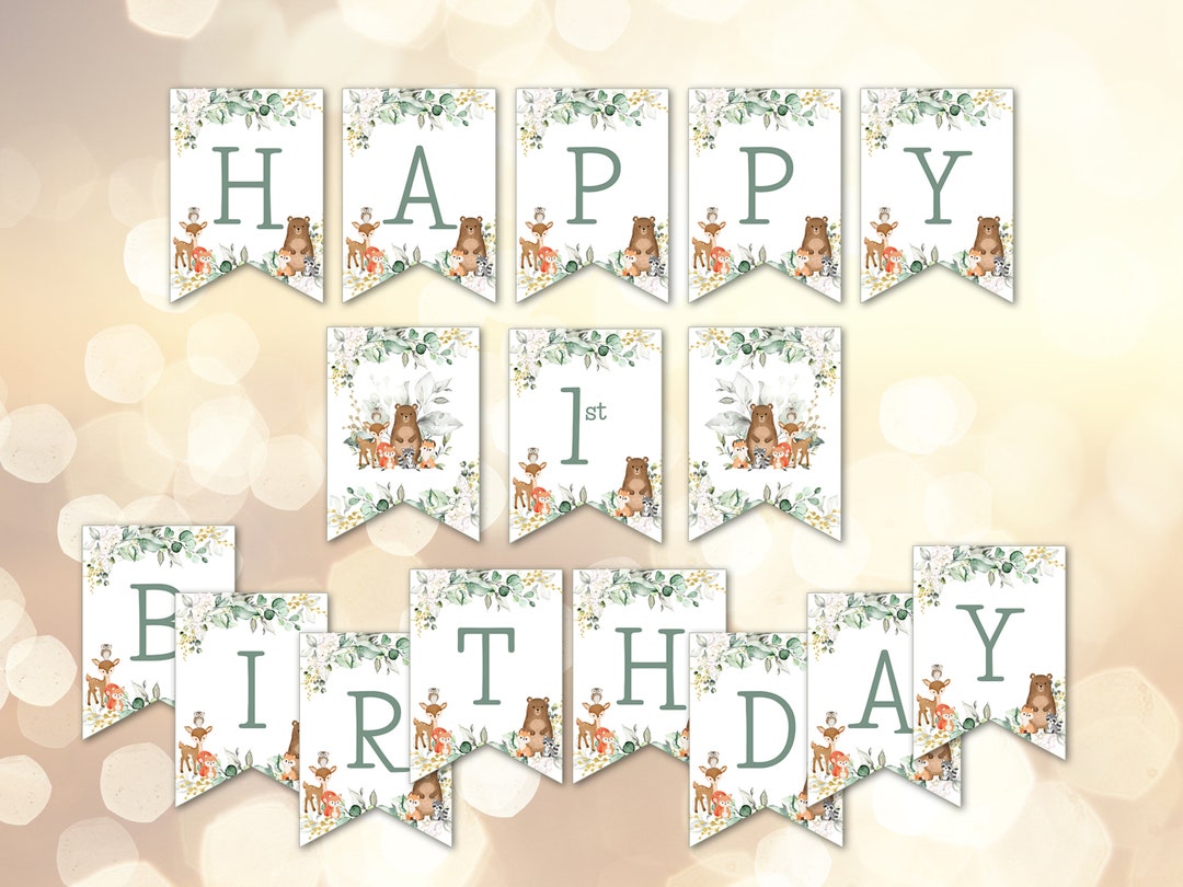 Editable Woodland Happy Birthday Boy Banner, Forest Animals Birthday ...