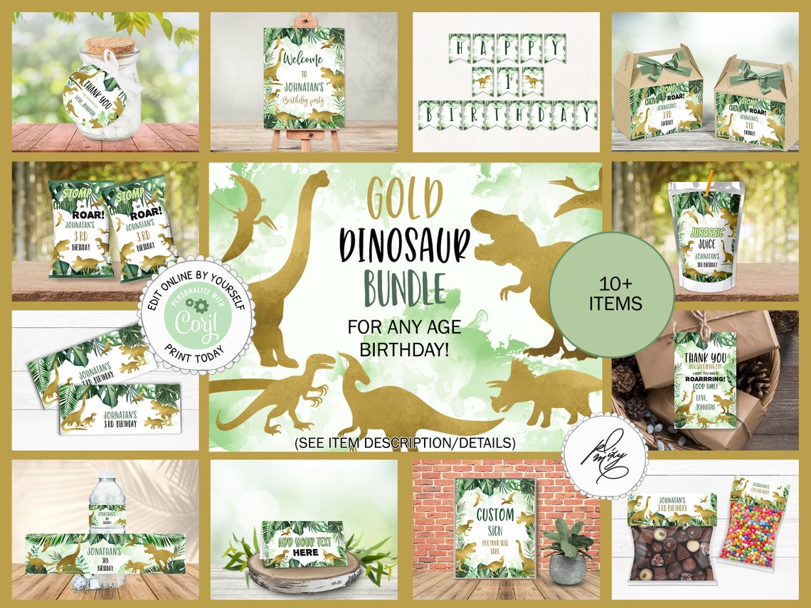 Editable Gold Dinosaur Any Age Birthday Bundle Gold Dinosaur - Etsy