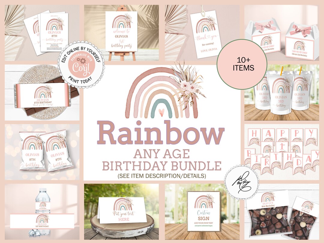 Editable Boho Rainbow Any Age Birthday Bundle, Printable Rainbow ...