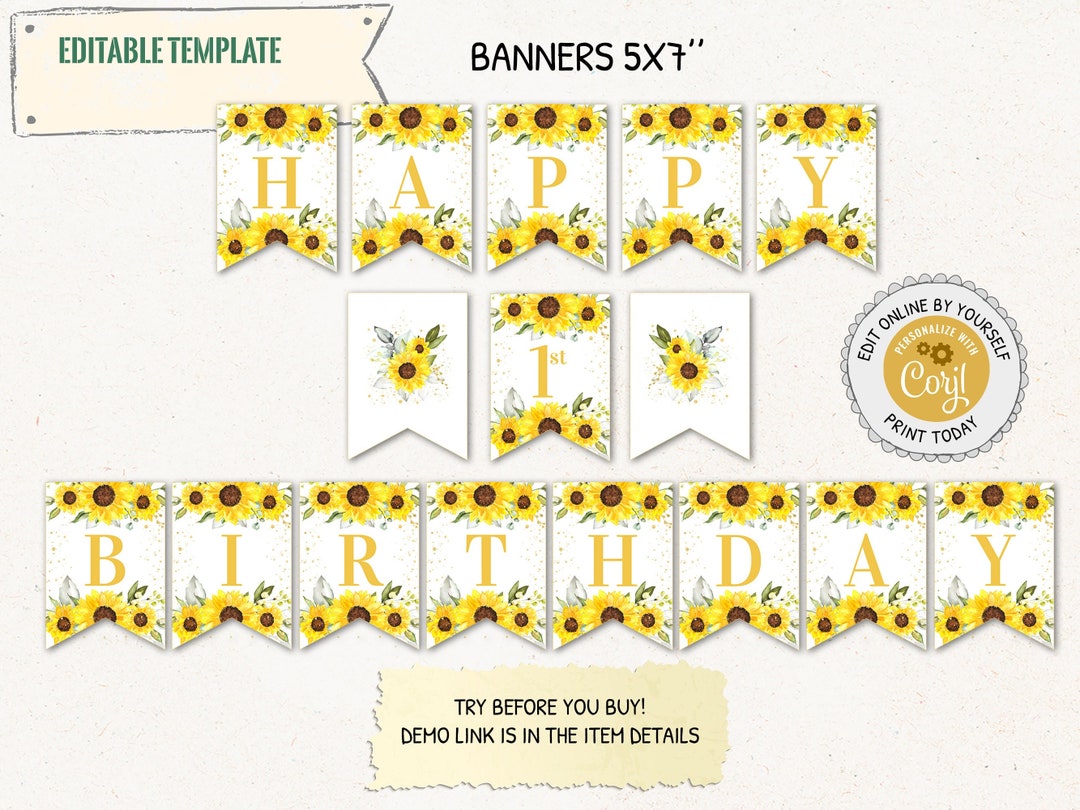 Sunflower Happy Birthday Banner, Editable Sunflower Birthday Party ...