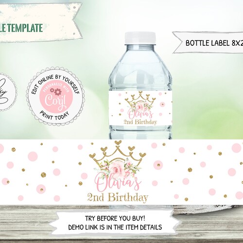 Princess Water Bottle Labels Editable Princess Birthday - Etsy