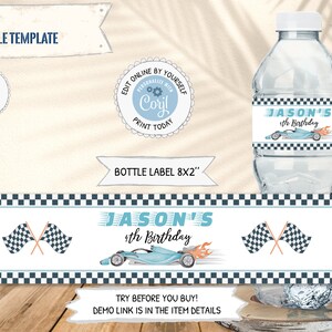 Editable Blue Race Car Birthday Boy Water Bottle Label, Blue Car Racing ...