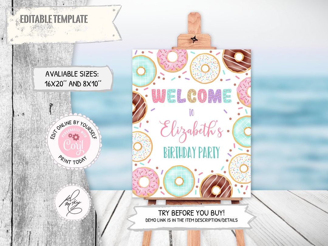 Donut Birthday Girl Welcome Sign, Editable Donut Welcome Poster, Any ...
