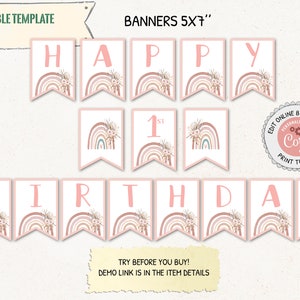 Boho Rainbow Happy Birthday Banner, Editable Rainbow Birthday Party ...
