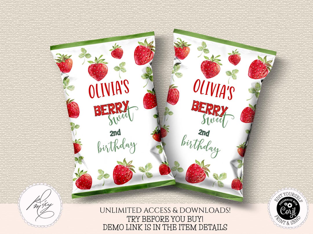 Editable Red Strawberry Berry Sweet Birthday Chip Bag Wrapper ...