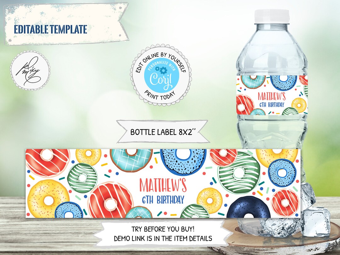 Colorful Donut Water Bottle Label, Editable Donut Birthday Drinks ...