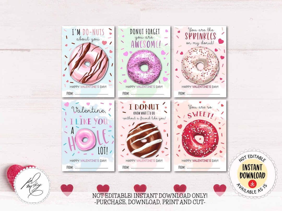 Printable Donut Valentine's Day Cards, Classroom Valentine's Day Cards ...