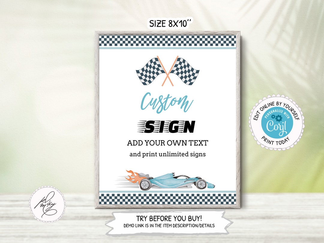 Editable Blue Race Car Custom Sign, Racing Car Birthday Party ...