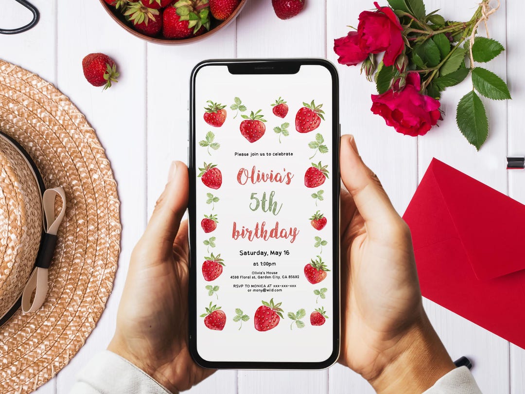Editable Strawberry Birthday Girl Smartphone Evite, Red Summer Fruits ...