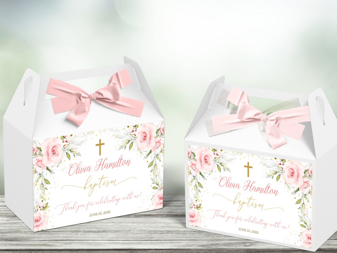 Editable Blush Pink Floral Baptism Gable Box Label Gold & - Etsy
