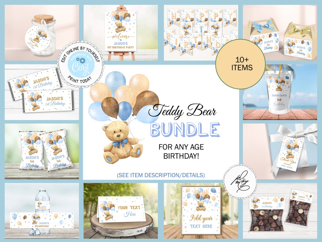 Editable Blue Teddy Bear Any Age Birthday Bundle, Teddy Bear & Balloons ...