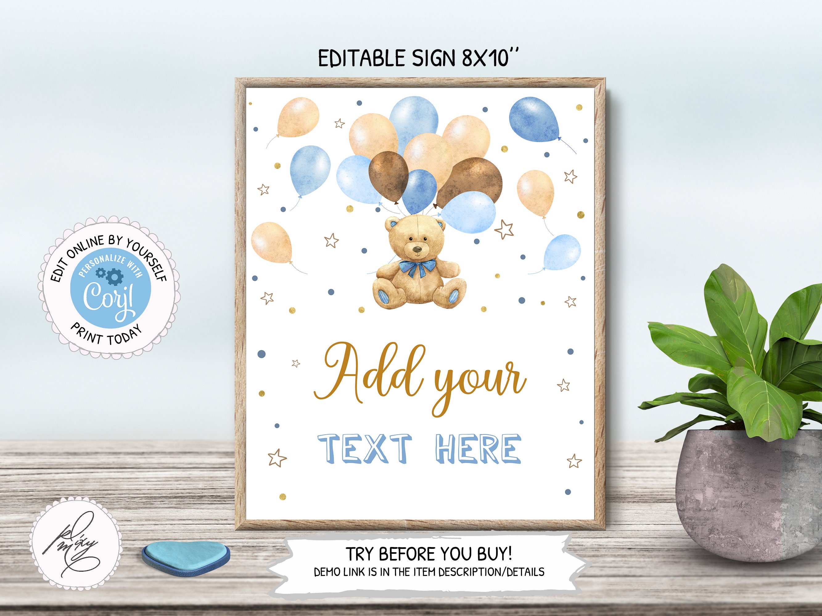 Editable Teddy Bear Custom Sign Teddy Bear With Balloons - Etsy