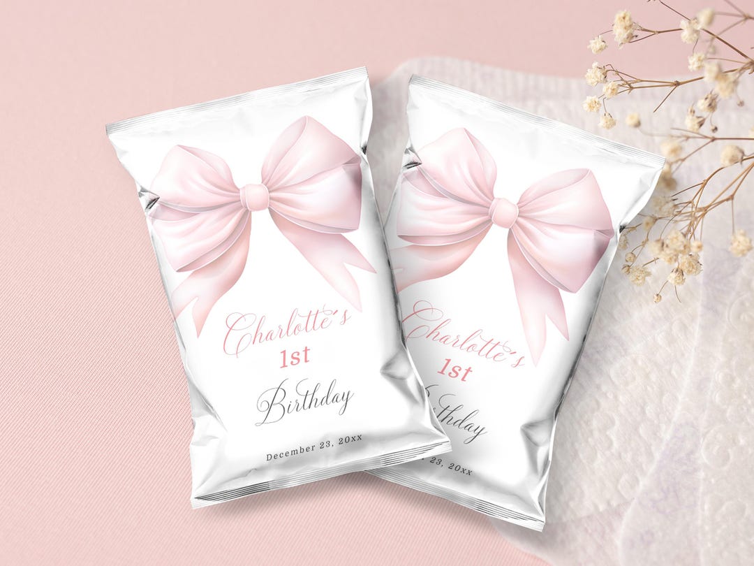 Editable Pink Bow Chip Bag Wrapper Template, Pink Bow Birthday Girl ...