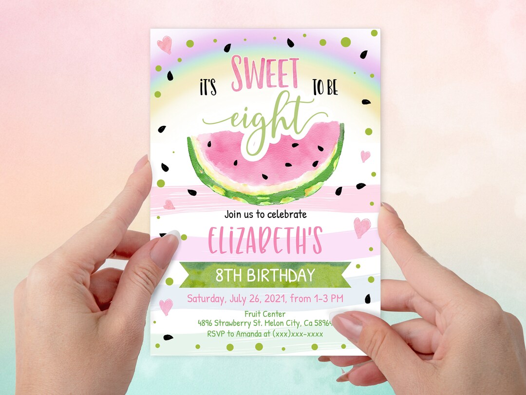 Editable Rainbow Watermelon 8th Birthday Girl Invite, Rainbow Pink ...