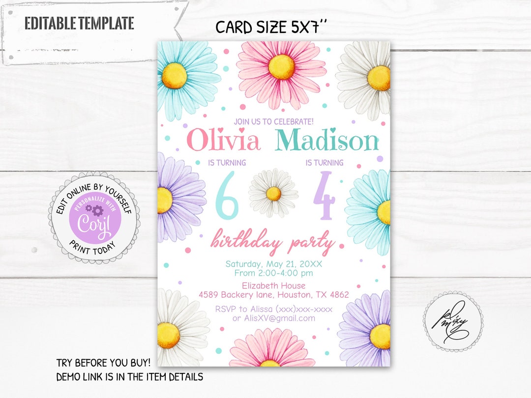 Daisy Birthday Invitation for Two Girls, Editable Colorful Daisies ...