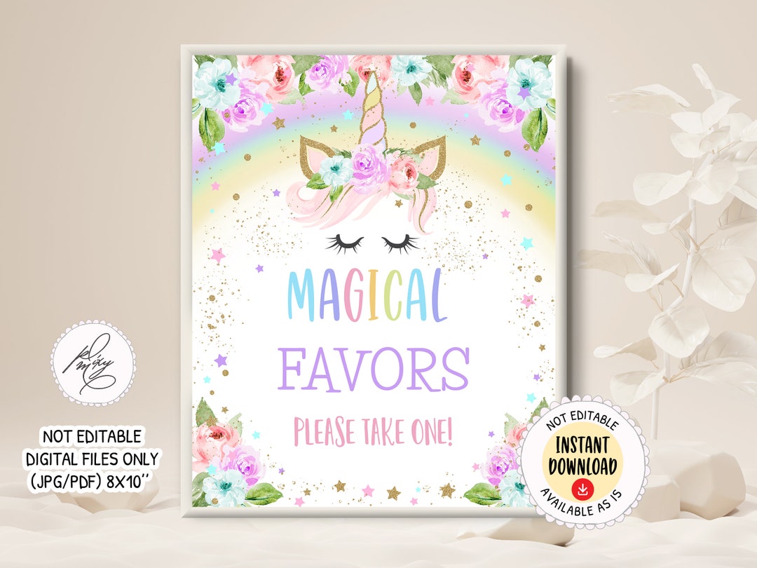 Rainbow Unicorn Favors Sign, Printable Magical Unicorn Birthday Party ...