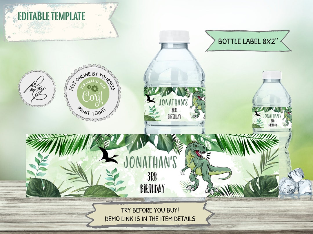 T-rex Water Bottle Label, Editable Dinosaur Water Bottle Label ...