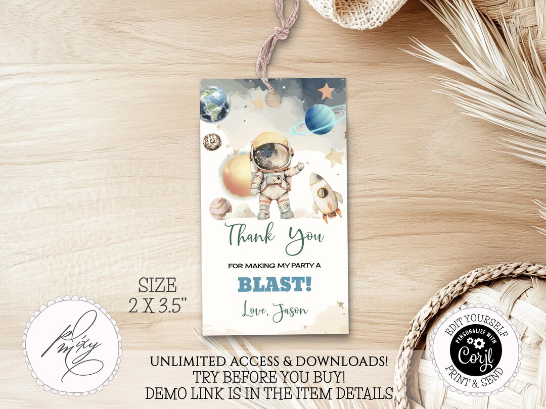 Editable Planets Rocket Ship Astronaut Favor Tag, Outer Space Gift Tag ...