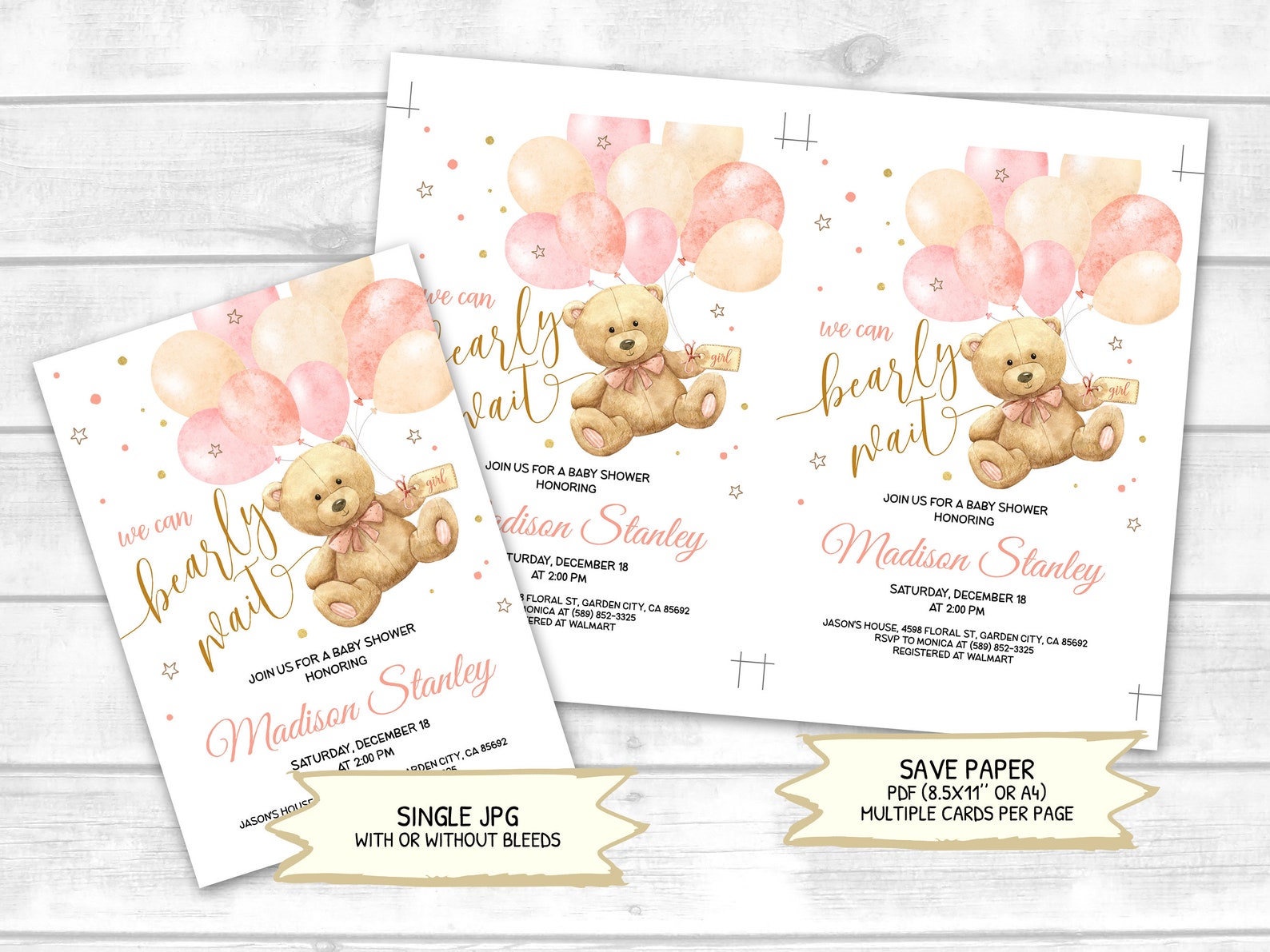 Editable Pink Peach Teddy Bear Baby Shower Girl Invitation | Etsy