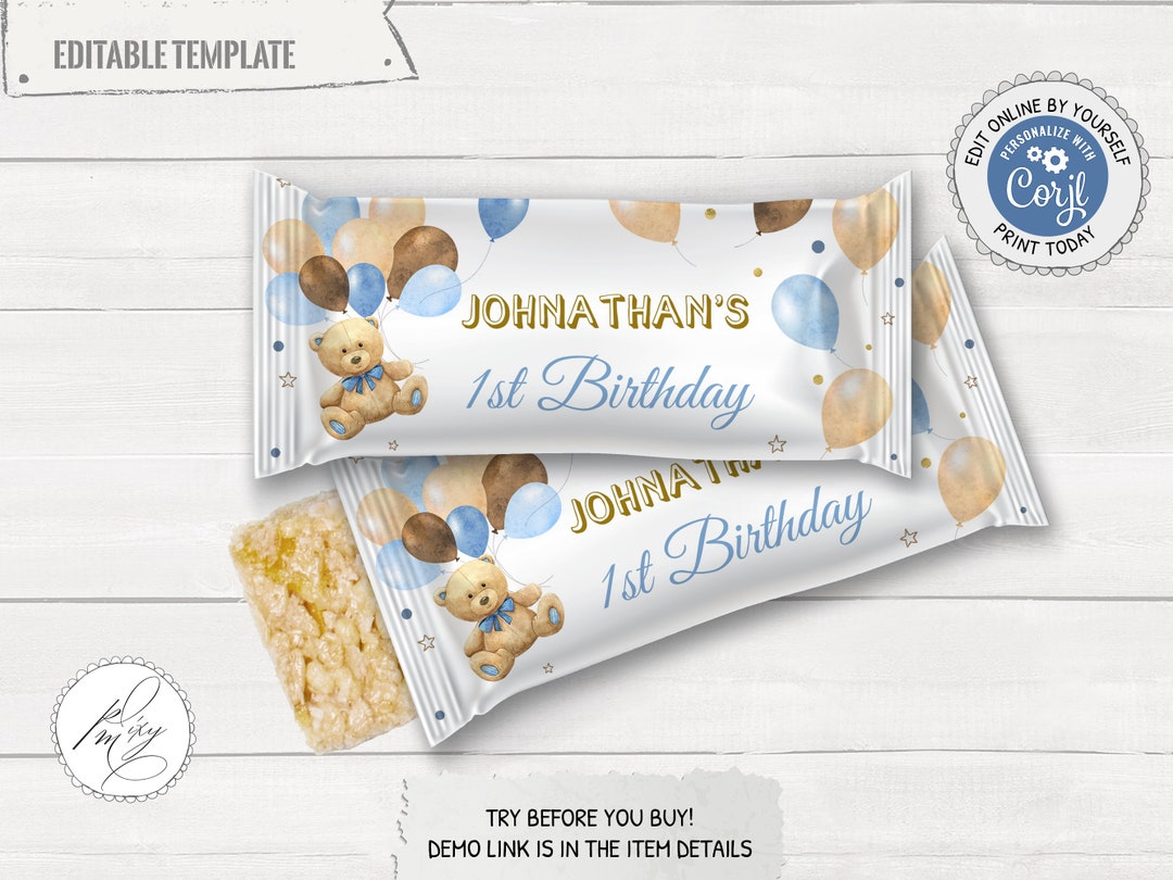 Editable Blue Teddy Bear Rice Krispies Treat Wrapper, Teddy Bear Snacks ...