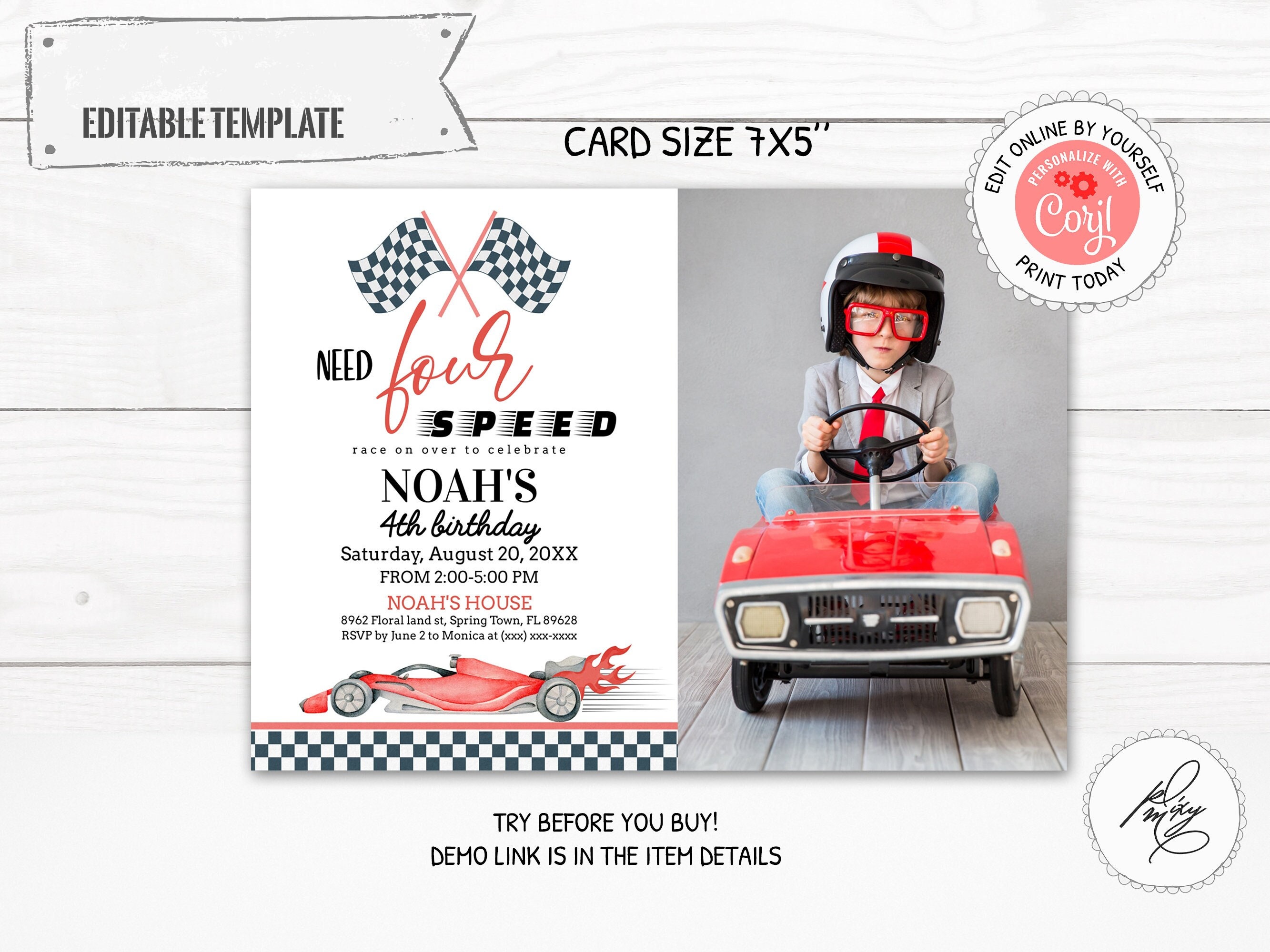 Editable Need Four Speed Red Race Car 4th Birthday Photo - Etsy